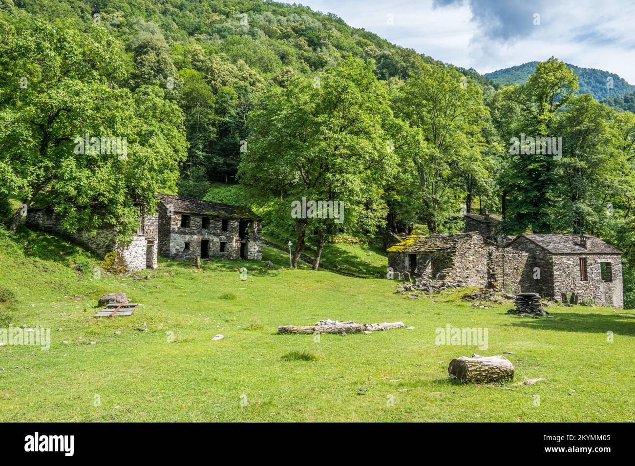 Ruined stone houses and mills in an abandoned mountain village in the ...