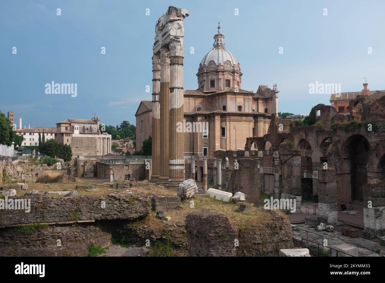 Rome, Italy - view of architectural ruins at Roman Forum. Heart of Ancient Rome. Plaza with ...