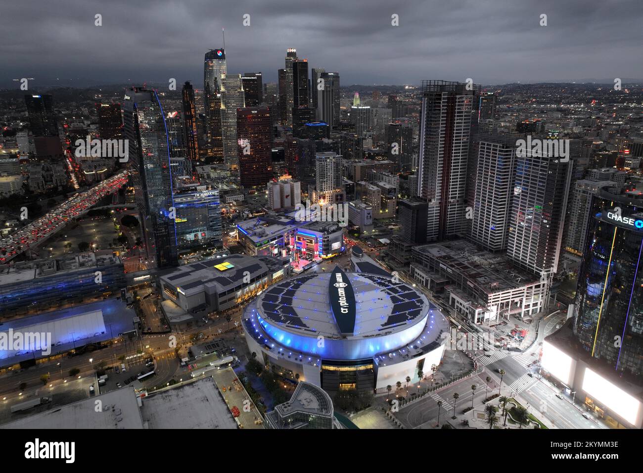 A general overall aerial view of the Crypto.com Arena, LA Live ...