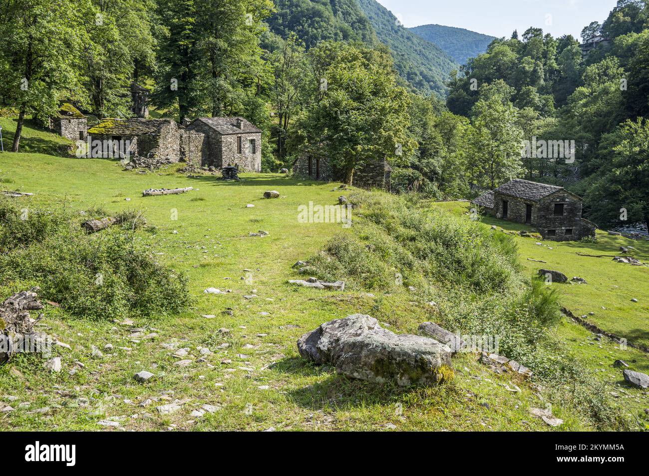 Ruined stone houses and mills in an abandoned mountain village in the ...