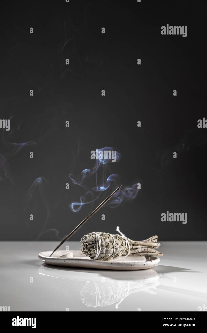 Burning Aromatic Incense Smoky Stick and Salvia Sage on White Tray for ...