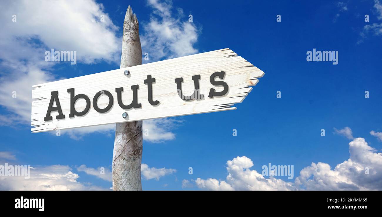 About us - wooden signpost with one arrow Stock Photo - Alamy
