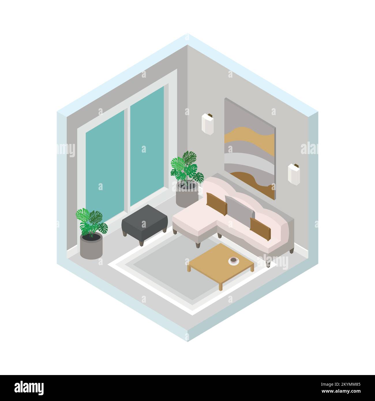 Isometric vector illustration, modern living room design with interior ...