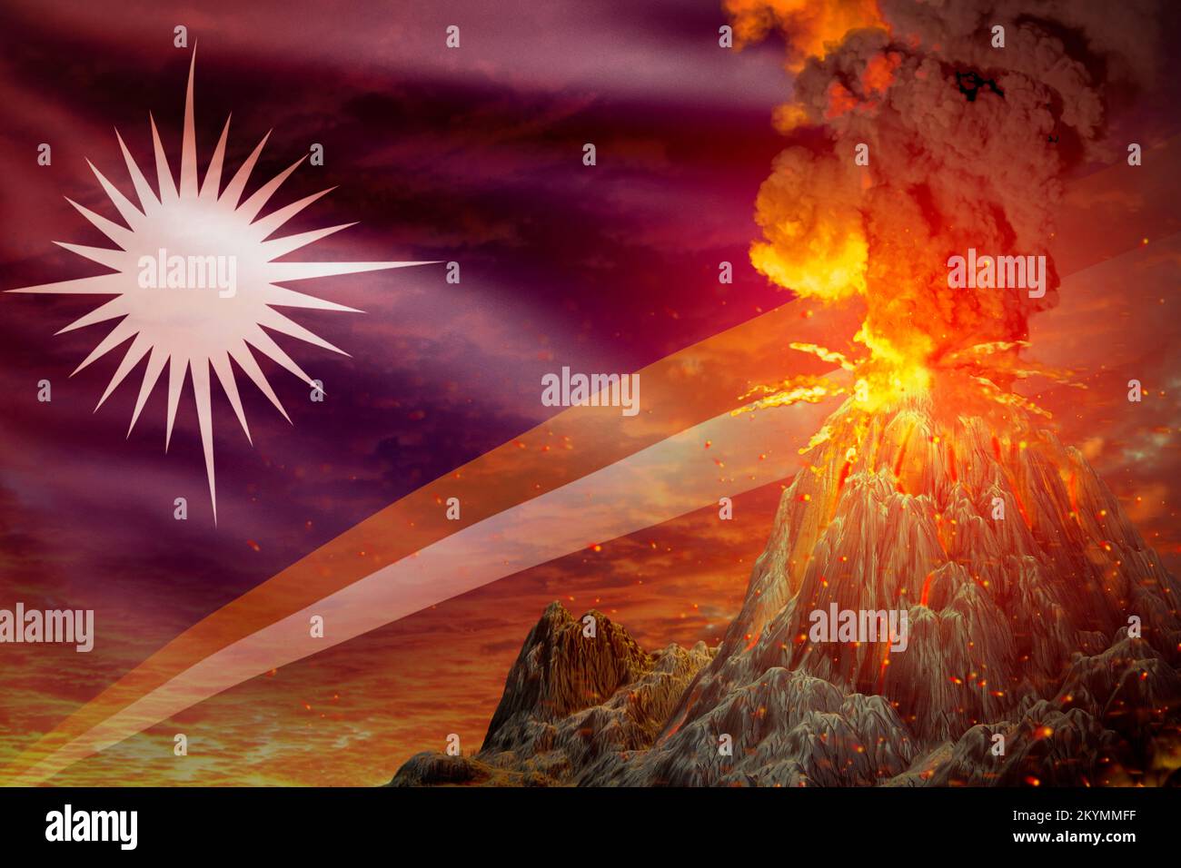 conical volcano eruption at night with explosion on Marshall Islands ...