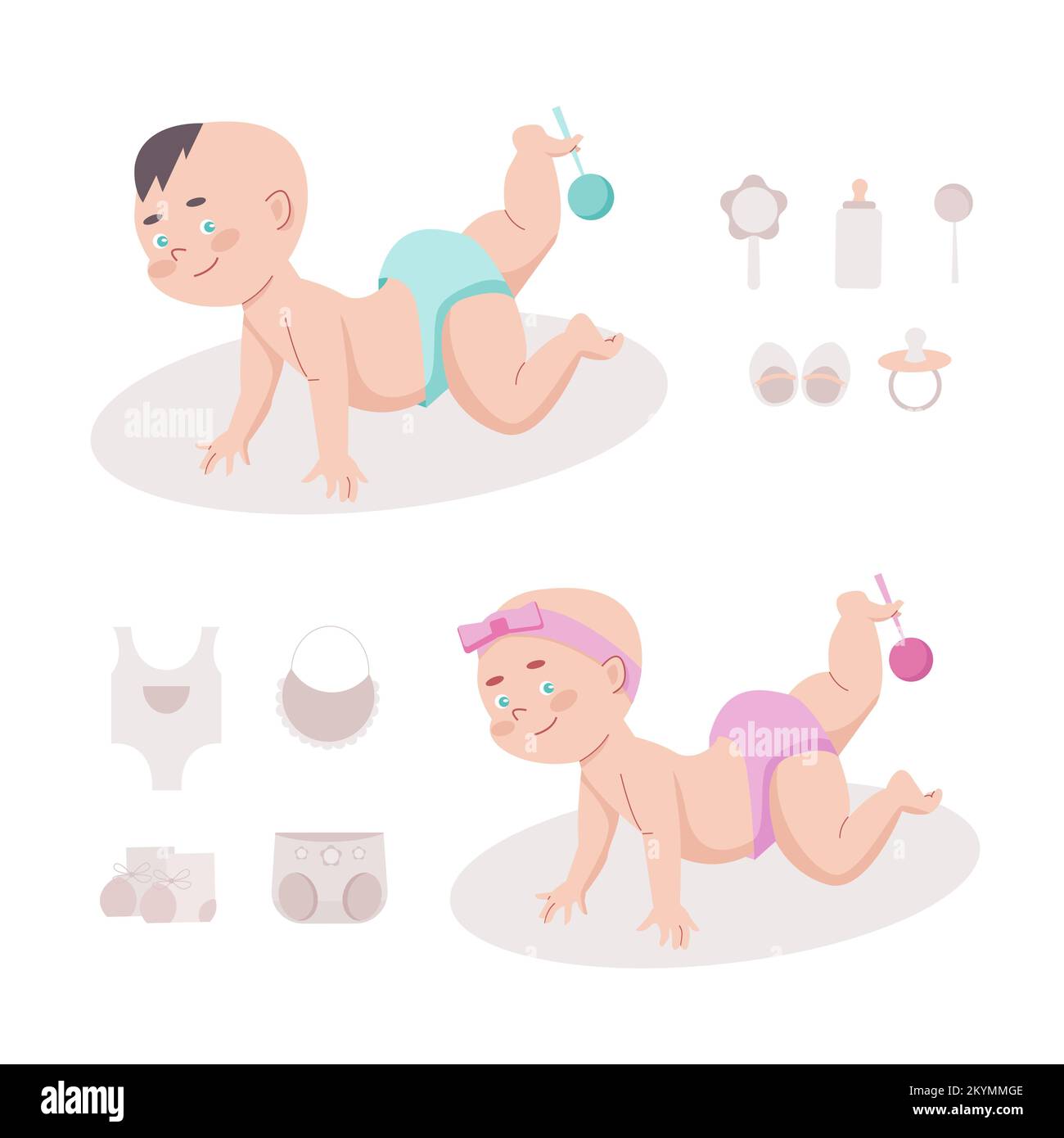 Cute Baby boy and girl SET with rattle and Baby supplies Stock Vector ...