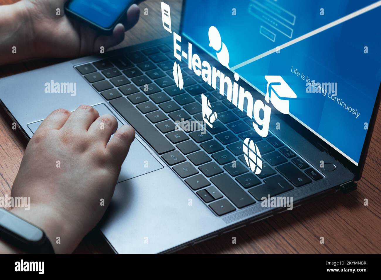 Woman logging in online education server with VR interface on keyboard. E learning, webinar ...