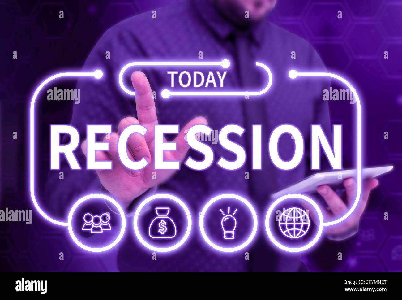 Text caption presenting Recession. Word Written on the process of progressive decrease in ...