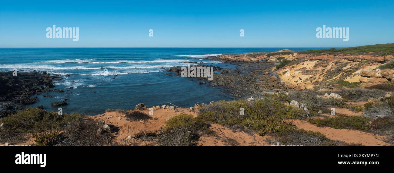 Panoramic view of sea shore, wild Rota Vicentina coast with ocean waves ...
