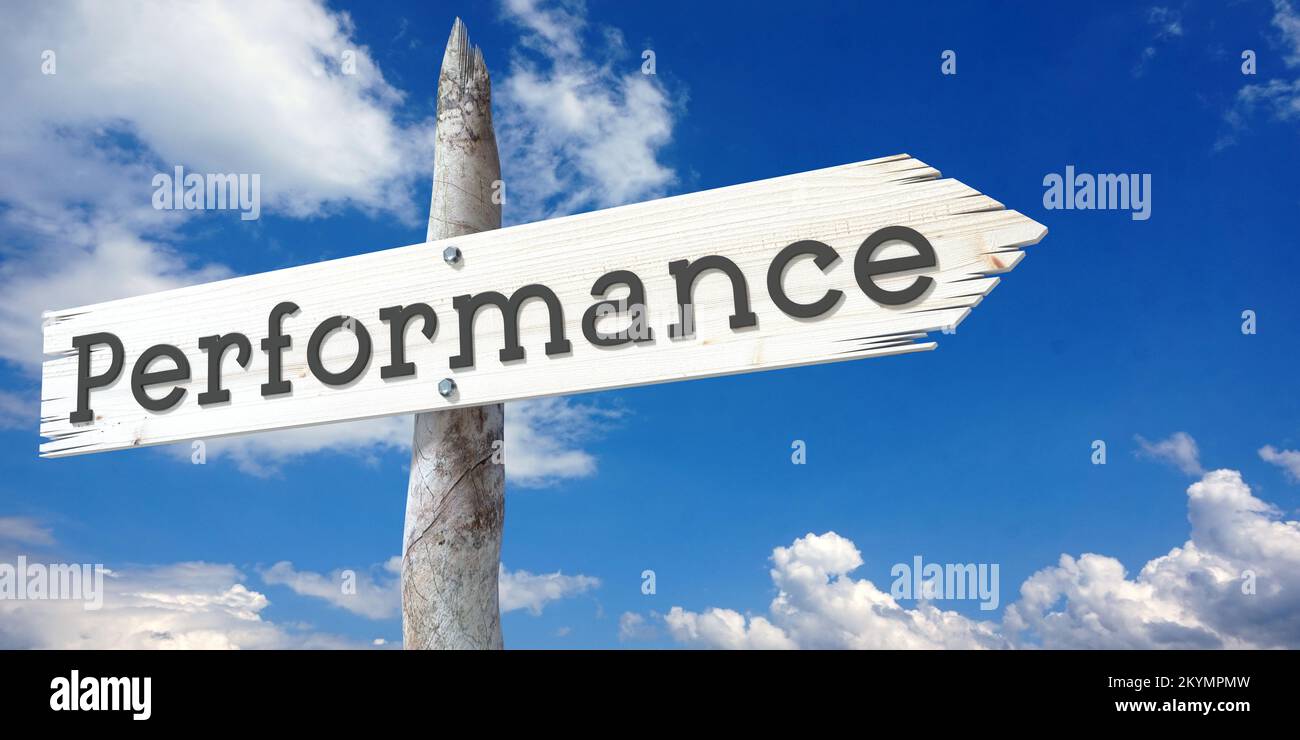 Performance - wooden signpost with one arrow Stock Photo - Alamy