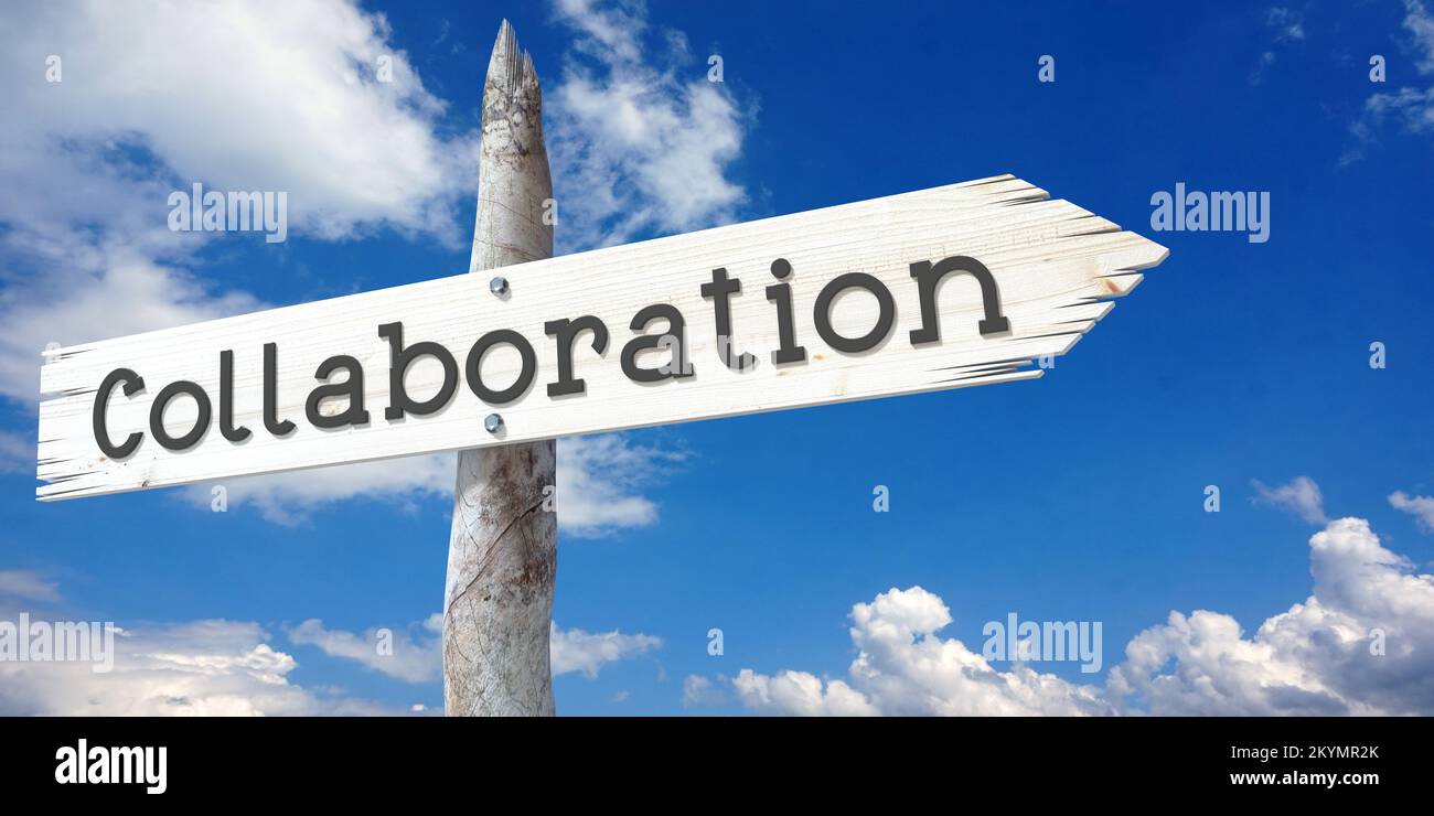 Collaboration - wooden signpost with one arrow Stock Photo - Alamy