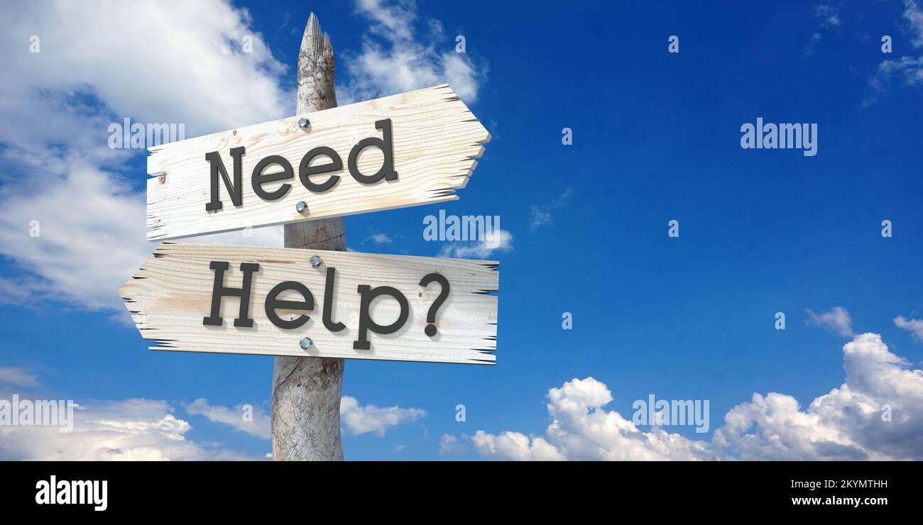 Need help - wooden signpost with two arrows Stock Photo - Alamy