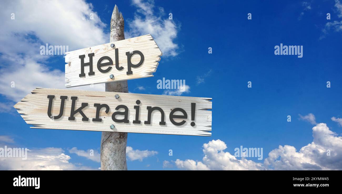 Help Ukraine - wooden signpost with two arrows Stock Photo - Alamy