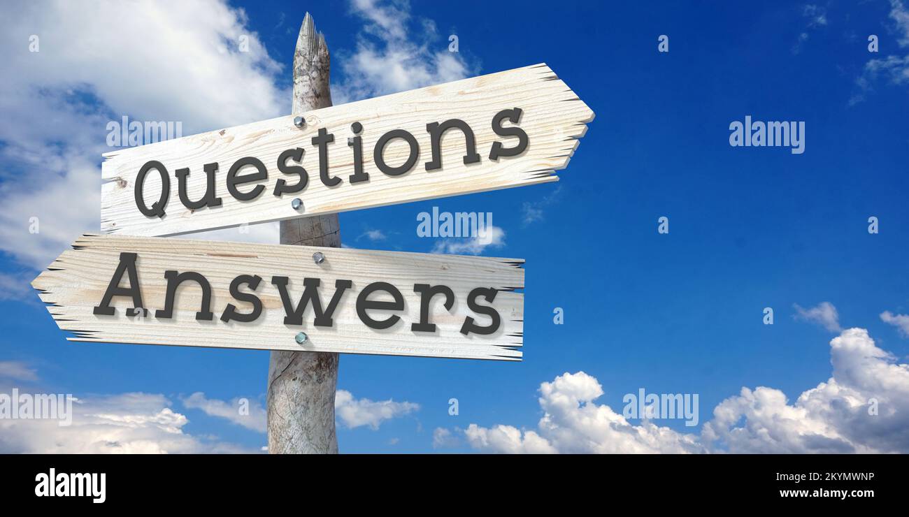 Questions and answers - wooden signpost with two arrows Stock Photo - Alamy