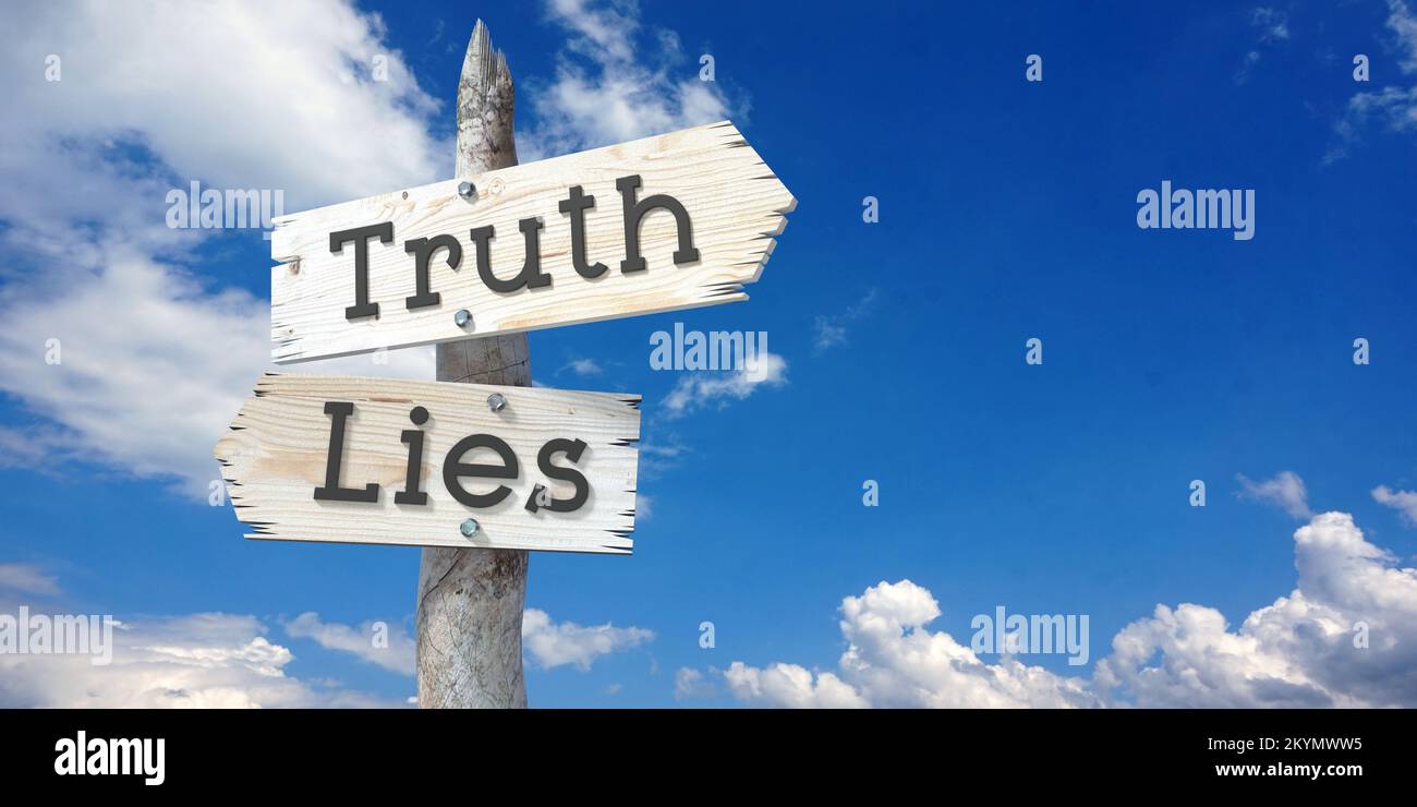 Truth and lies - wooden signpost with two arrows Stock Photo - Alamy