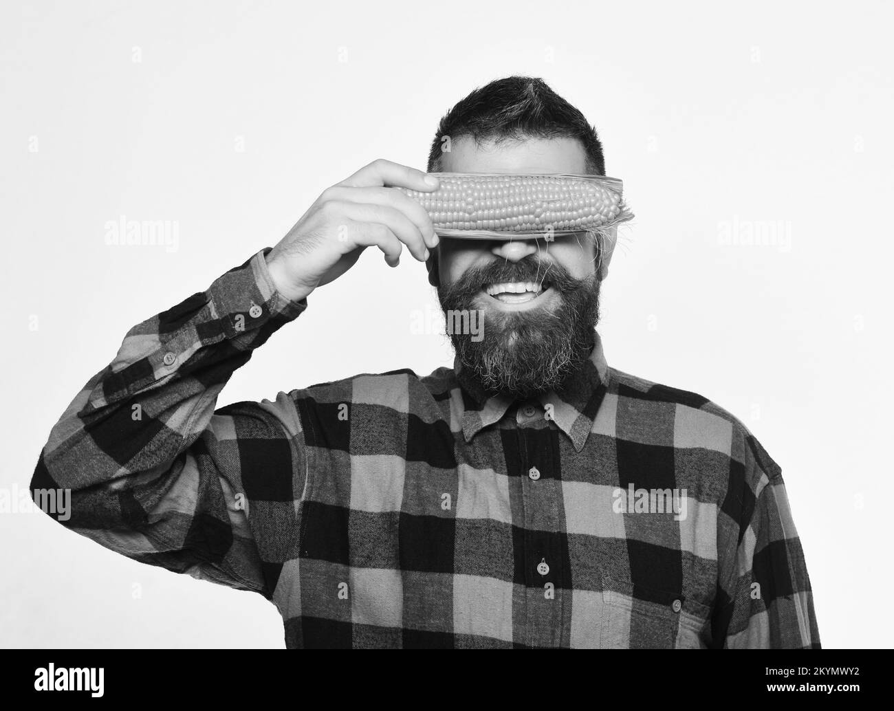 Man with beard holds ripe corn cob on white background Stock Photo - Alamy
