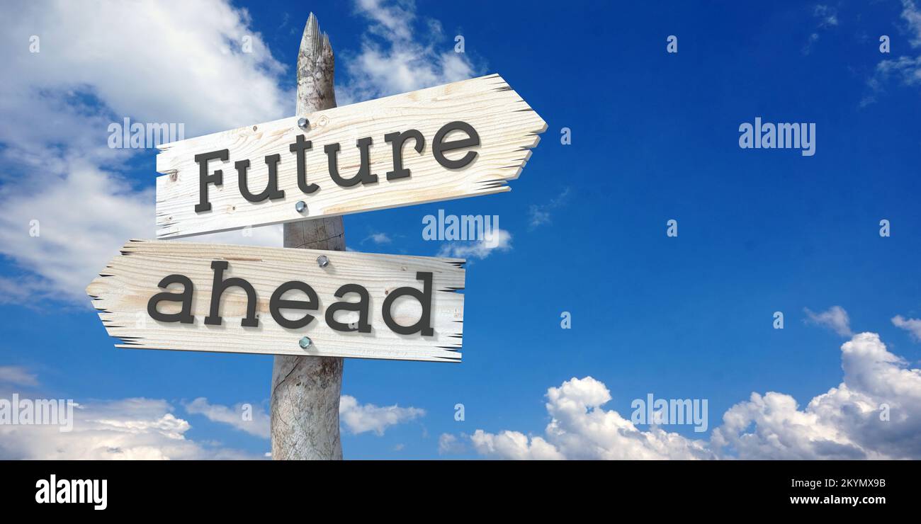 Future ahead - wooden signpost with two arrows Stock Photo - Alamy