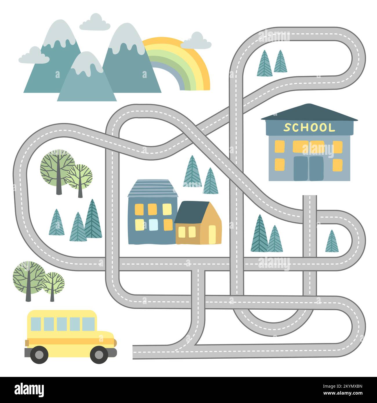 Vector maze game for kids with vehicles and tangled road. Help school ...