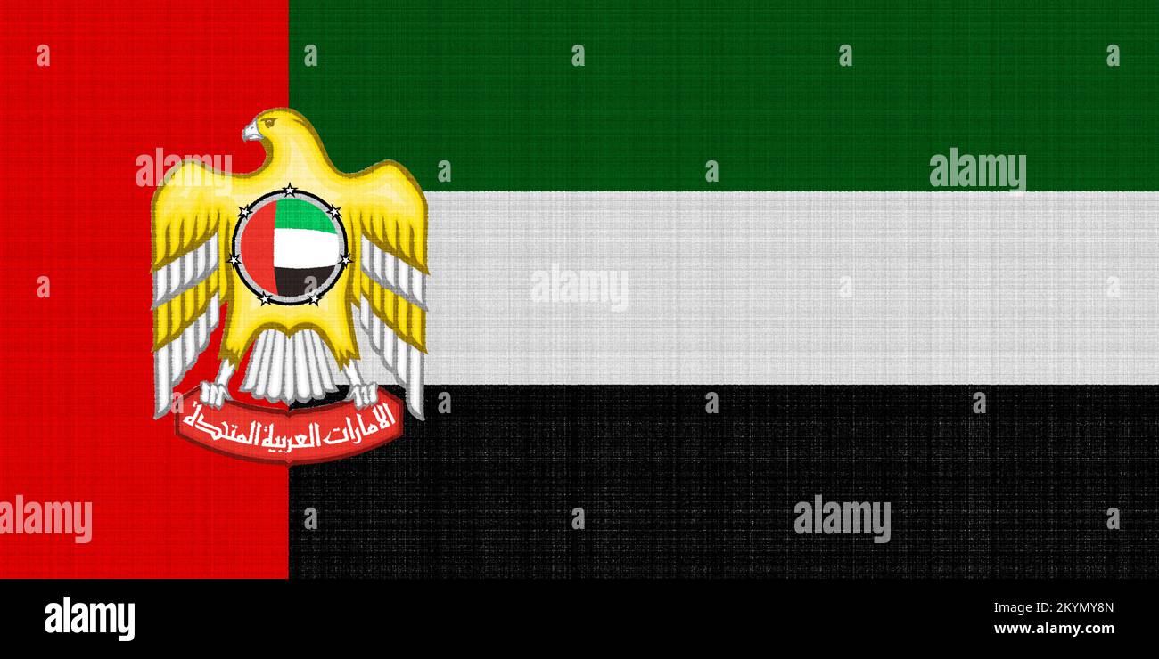 Flag and coat of arms of the United Arab Emirates on a textured ...