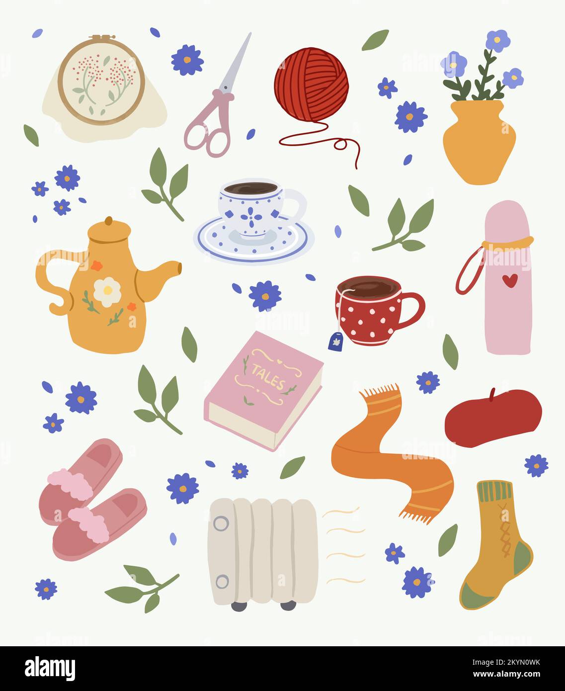 Hand-drawn set of cute isolated hygge cozy aesthetic items Stock Vector ...