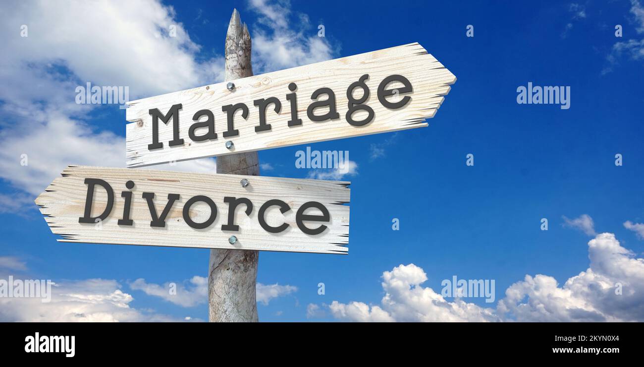 Marriage, divorce - wooden signpost with two arrows Stock Photo - Alamy