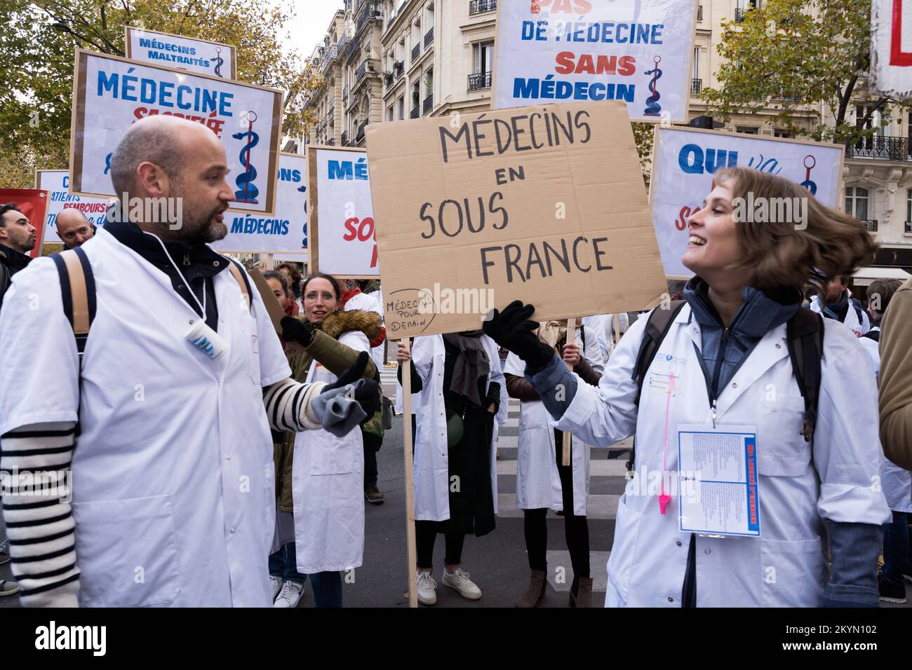 Paris, France on December 1, 2022. Doctors demonstrate next to the ...