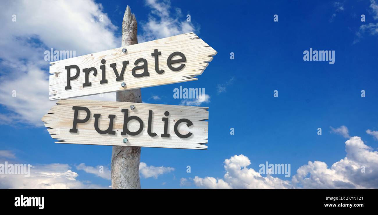 Private, public - wooden signpost with two arrows Stock Photo - Alamy