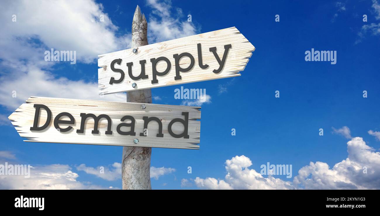 Supply, demand - wooden signpost with two arrows Stock Photo - Alamy
