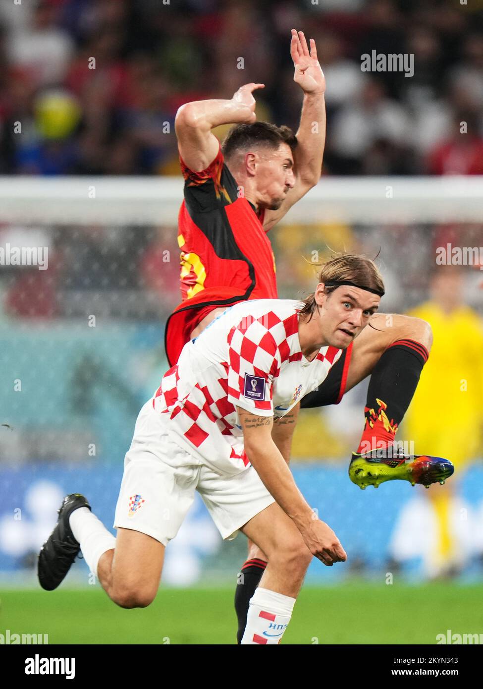 Borna Sosa of Croatia and Leander Dendoncker of Belgium during the FIFA World Cup Qatar 2022 ...