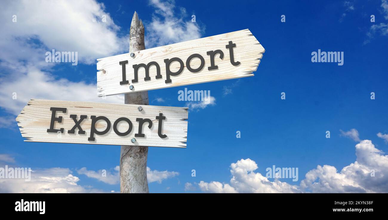 Import and export - wooden signpost with two arrows Stock Photo - Alamy