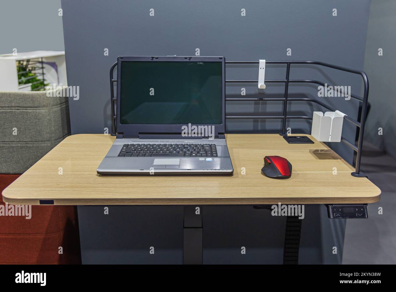 Laptop Computer With Wireless Mice at Narrow Desk Small Workplace Stock ...