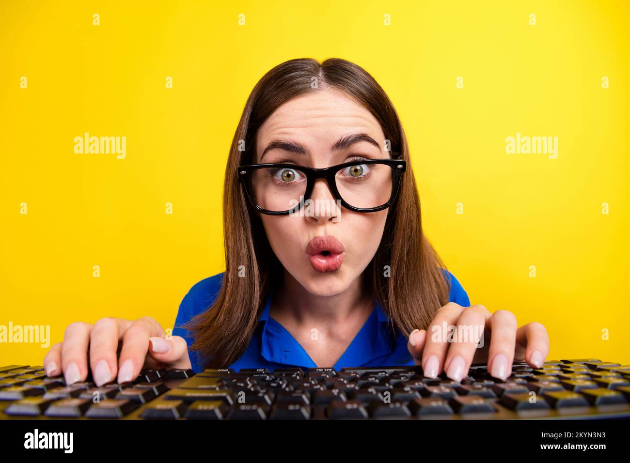 Closeup photo of young shocked business woman accountant typing ...