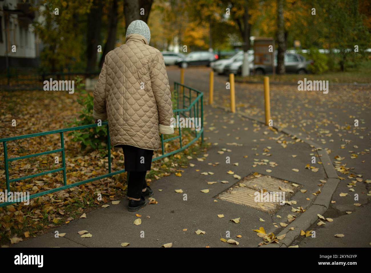 Pensioner walks down street in autumn. Old woman walks in city. Old ...