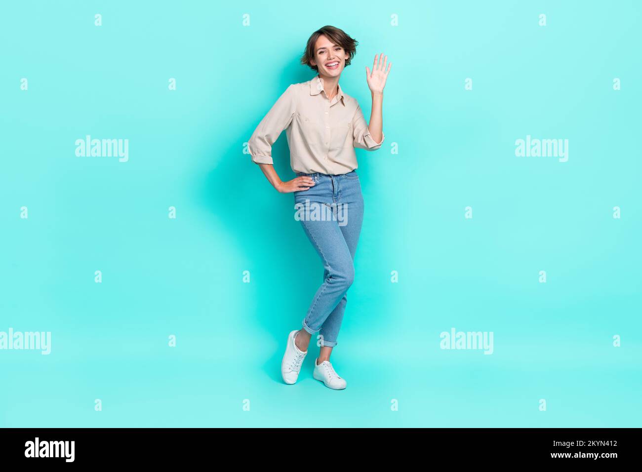 Full length photo of optimistic cute lady office assistant wear stylish ...