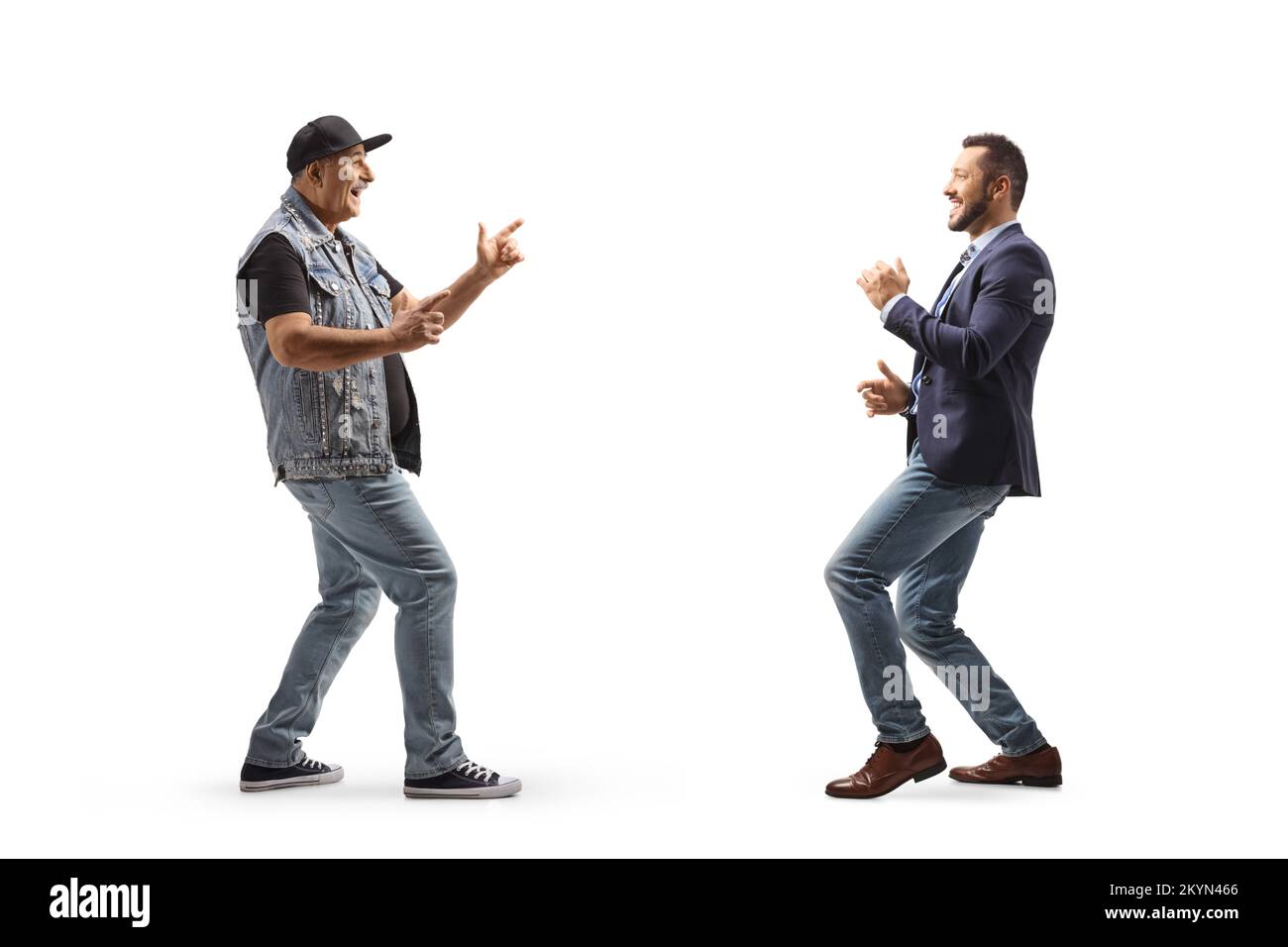 Full length profile shot of cheerful men dancing isolated on white ...