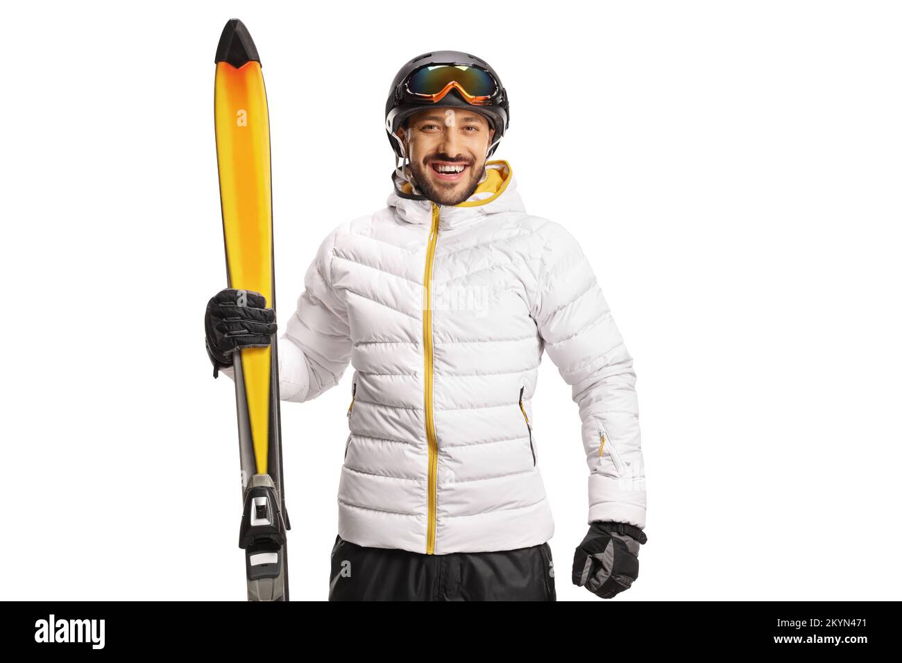 Happy male skier smiling at camera isolated on white background Stock ...