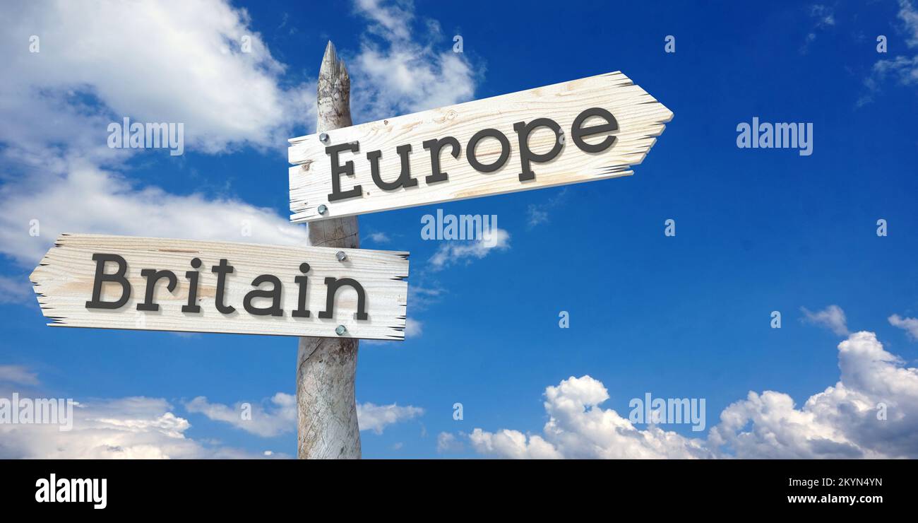 Britain, Europe - wooden signpost with two arrows Stock Photo - Alamy