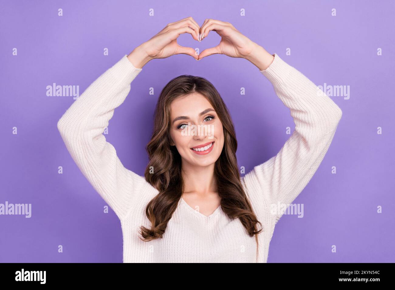 Photo of adorable shiny cute gorgeous positive lady wear white jumper ...