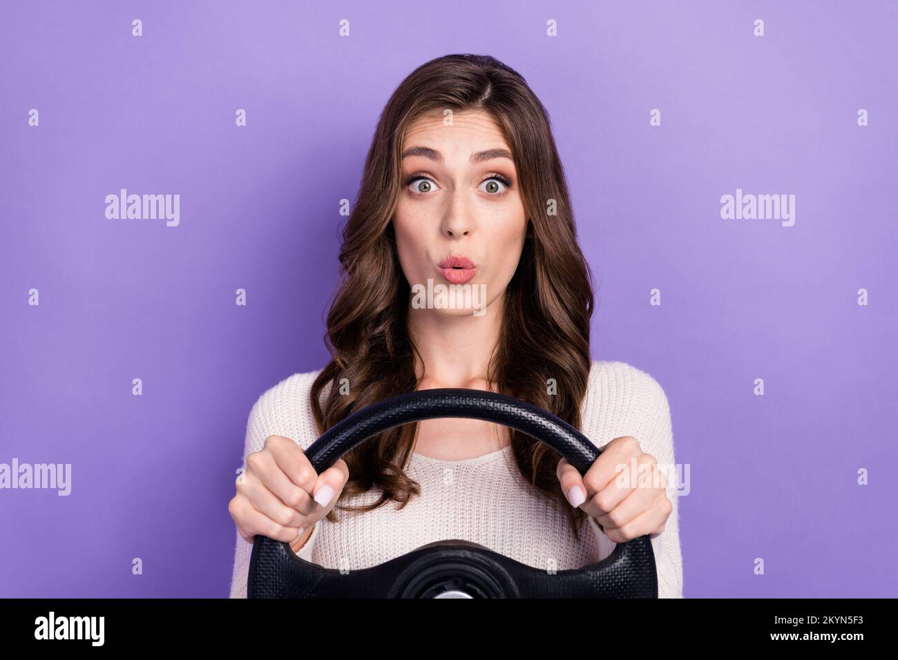 Photo of impressed excited lady wonder quality fast own car firs drive ...