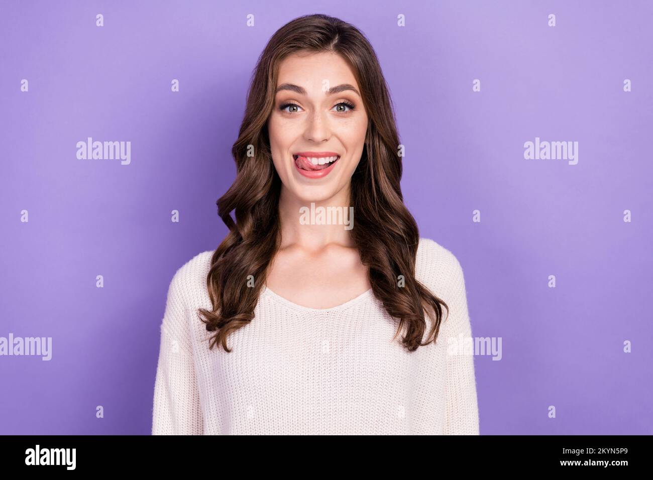 Photo of cute lovely flirty brunette hair woman wear white pullover ...