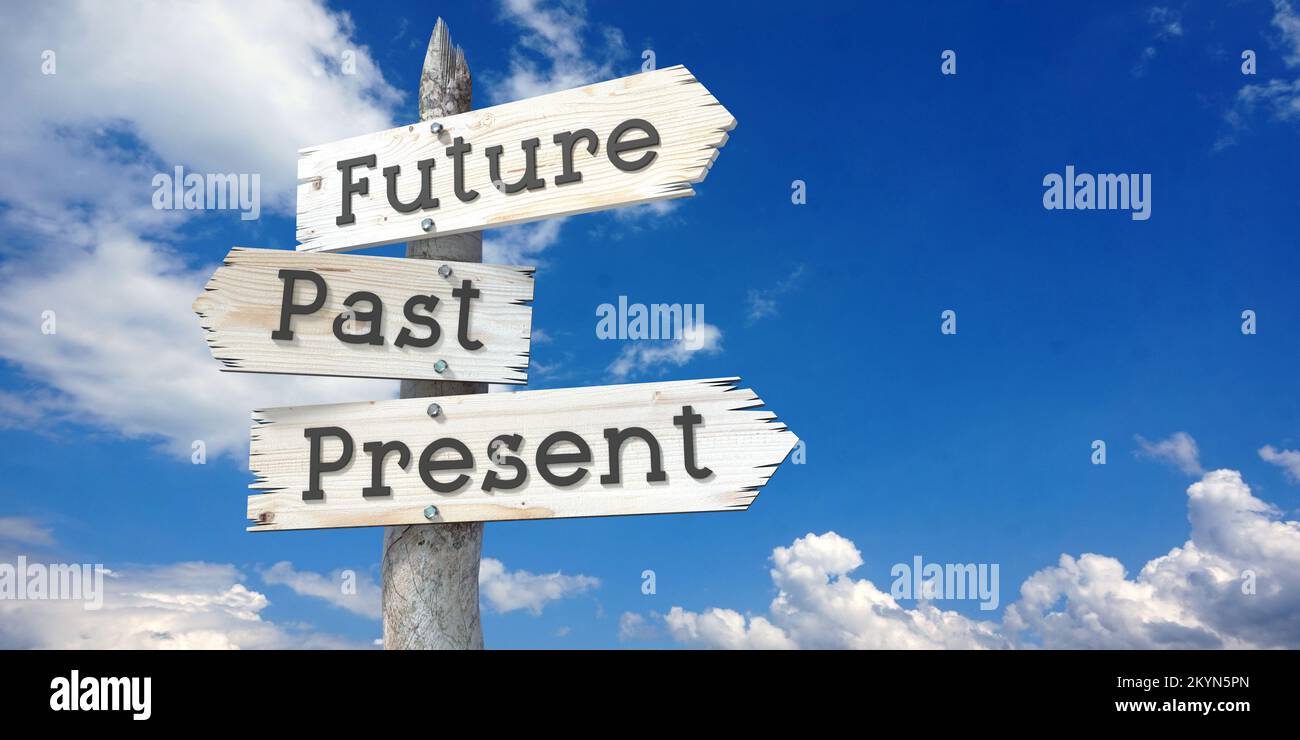 Future, past, present - wooden signpost with three arrows Stock Photo ...