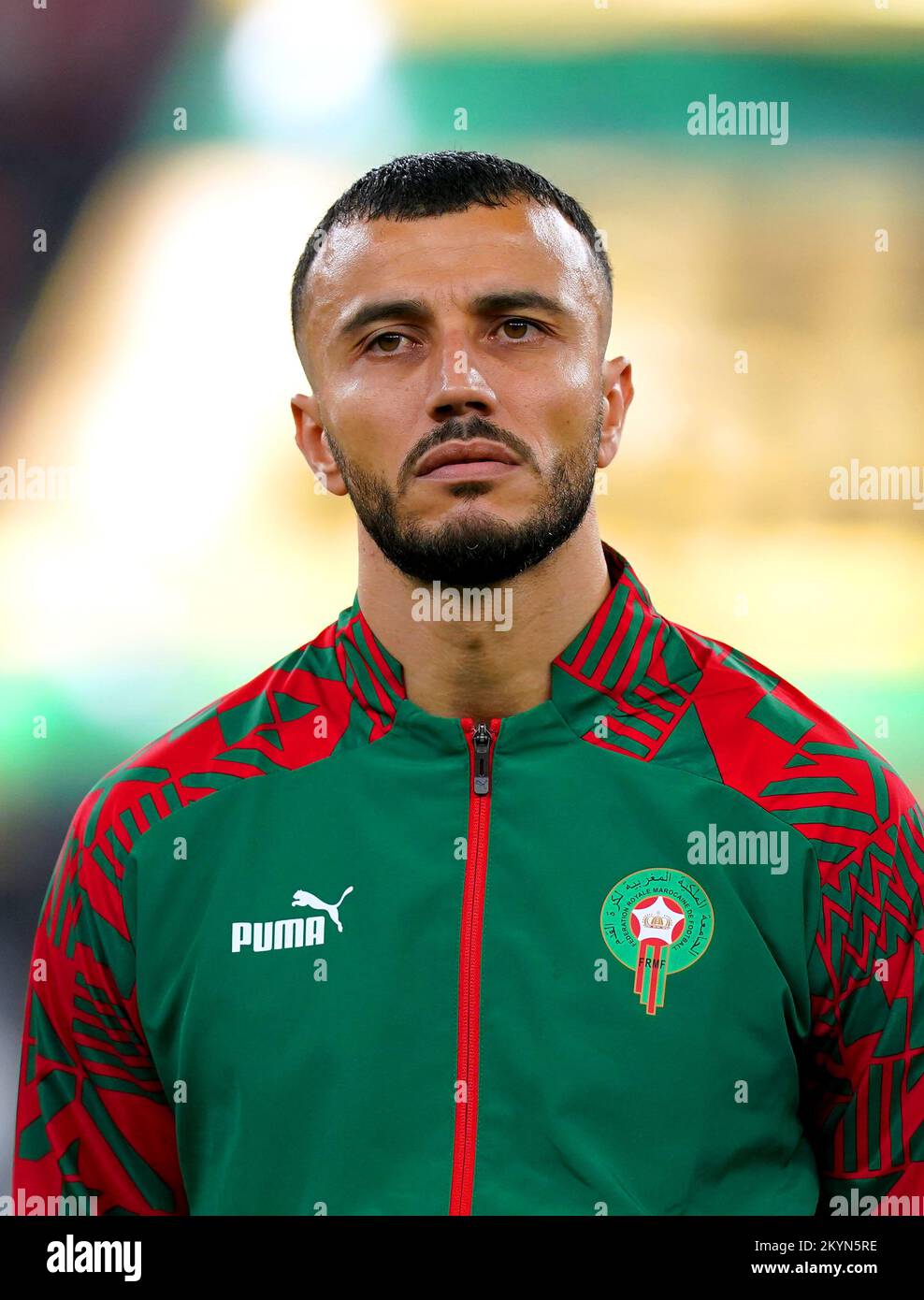Morocco's Romain Saiss lines up on the pitch ahead of the FIFA World ...