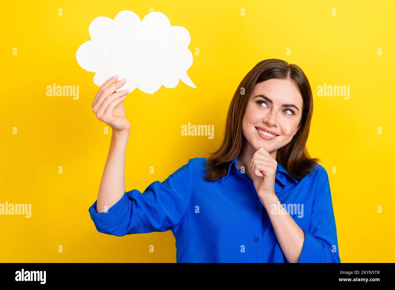 Photo of minded cute ukrainian lady wear blue trendy clothes hold look ...