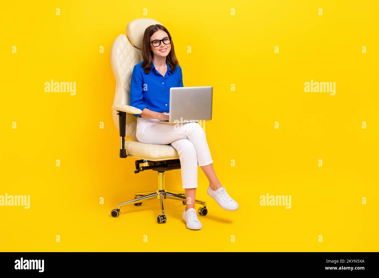 Full length photo of young programmer it developer woman wear glasses ...