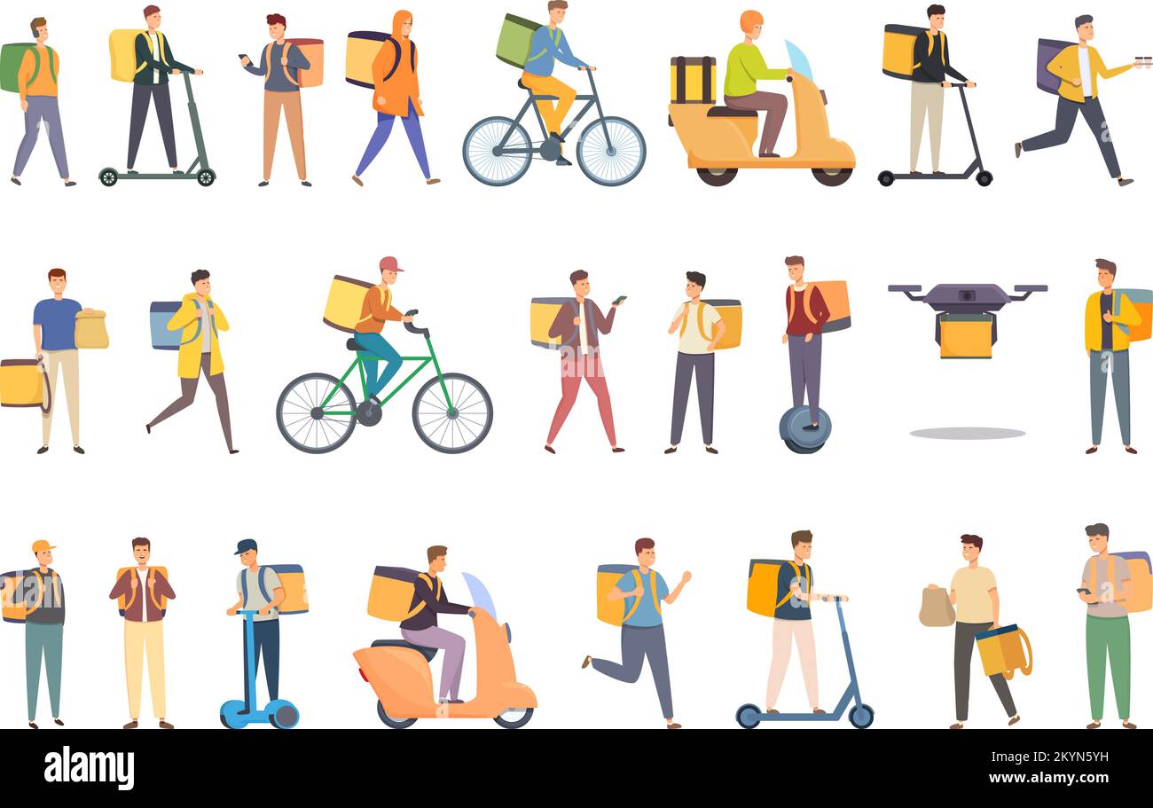 Parcel backpack icons set cartoon vector. Delivery food. Bike courier ...