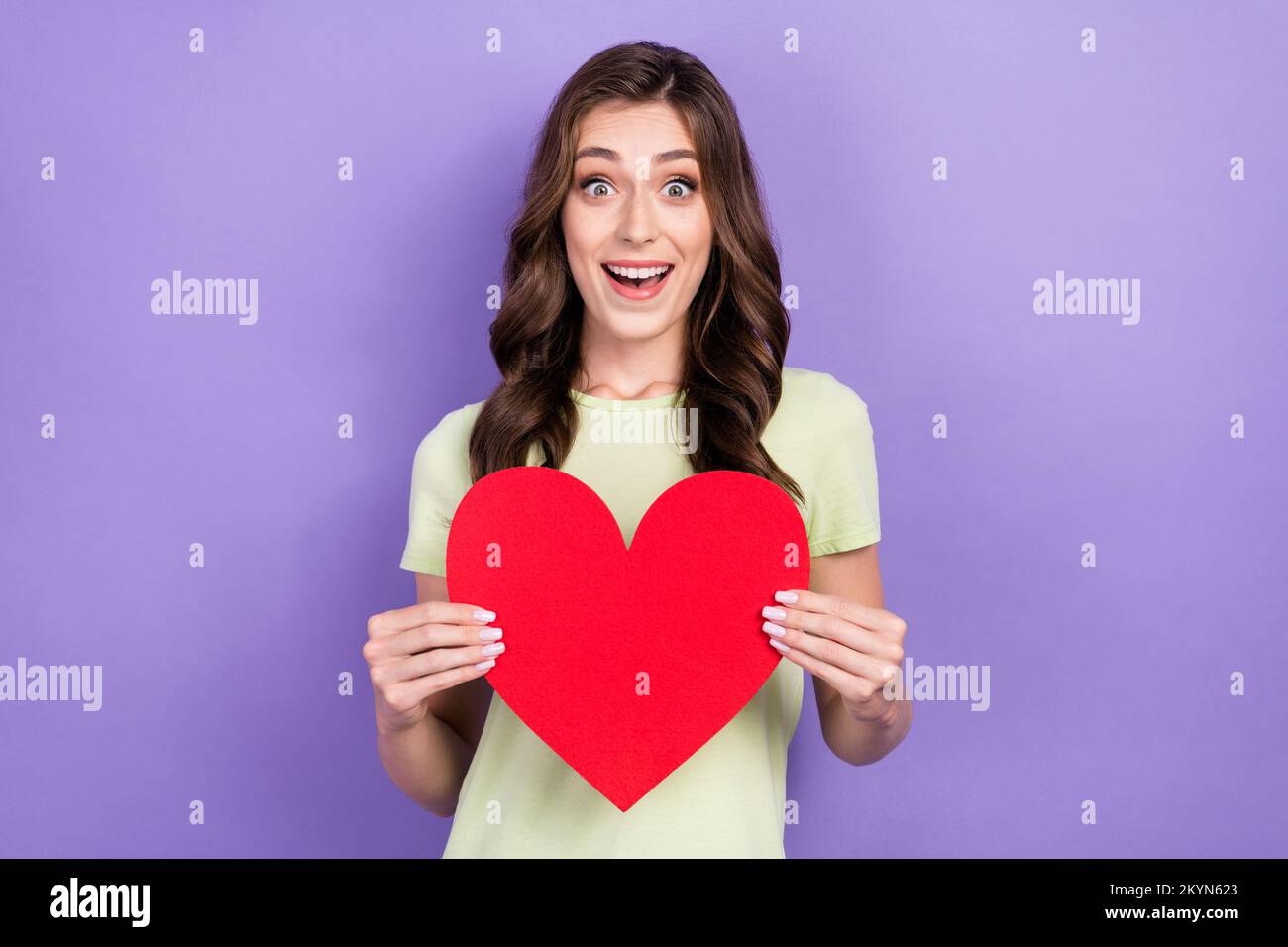Photo of funny young lady wear t-shirt impressed shocked her present ...