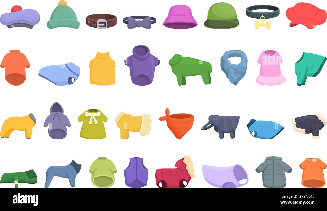 Clothes for cats and dogs icons set cartoon vector. Animal shop. Collar ...