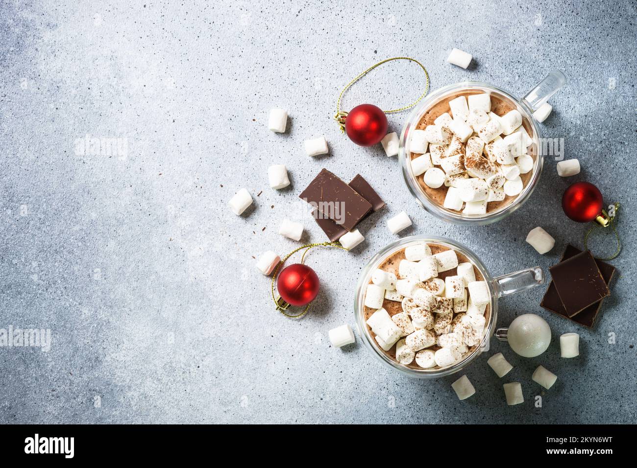Christmas hot chocolate or cocoa with marshmallow on white with ...