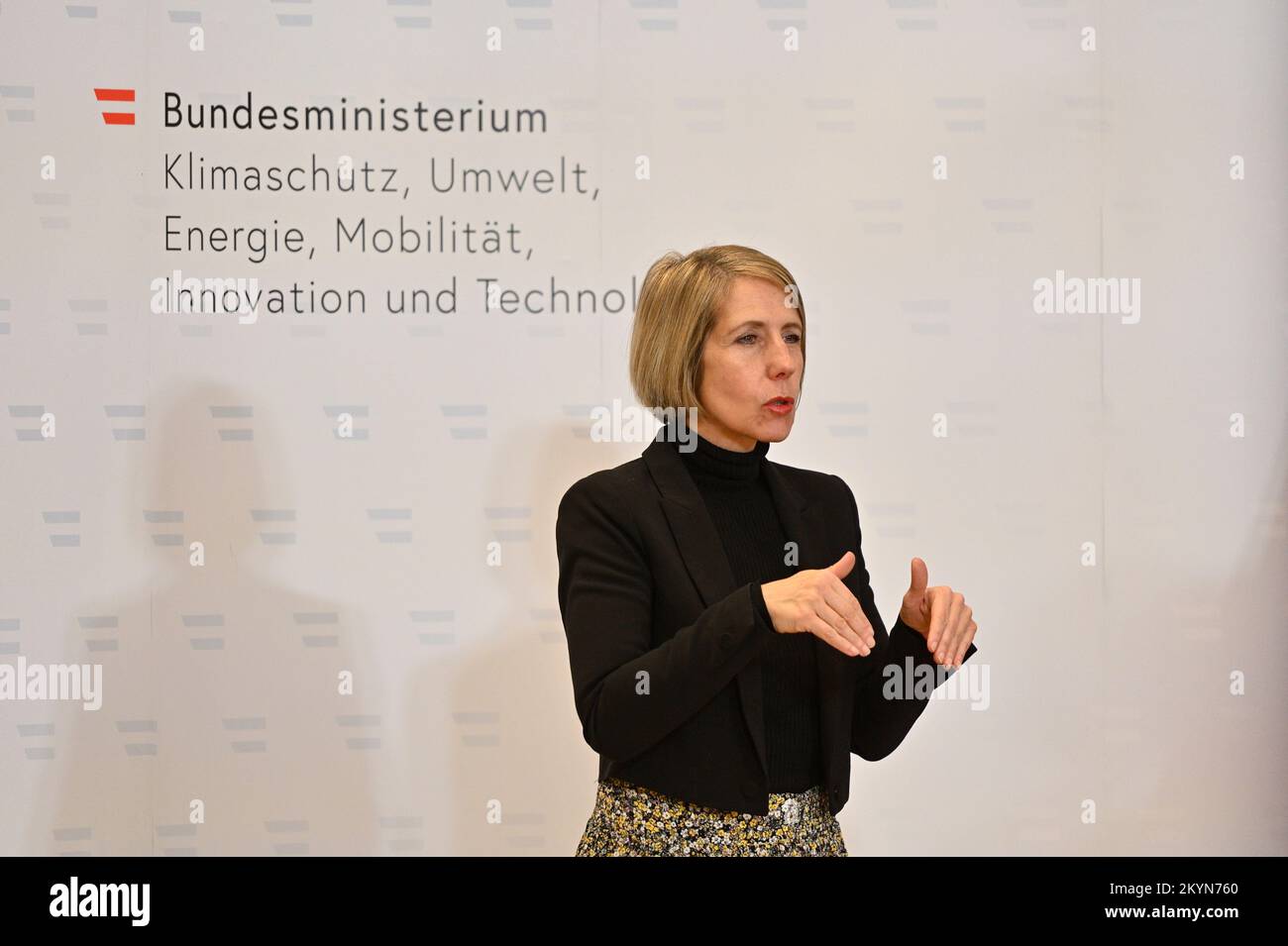 Vienna, Austria. 1st Dec, 2022. Sign language interpreter at the press ...