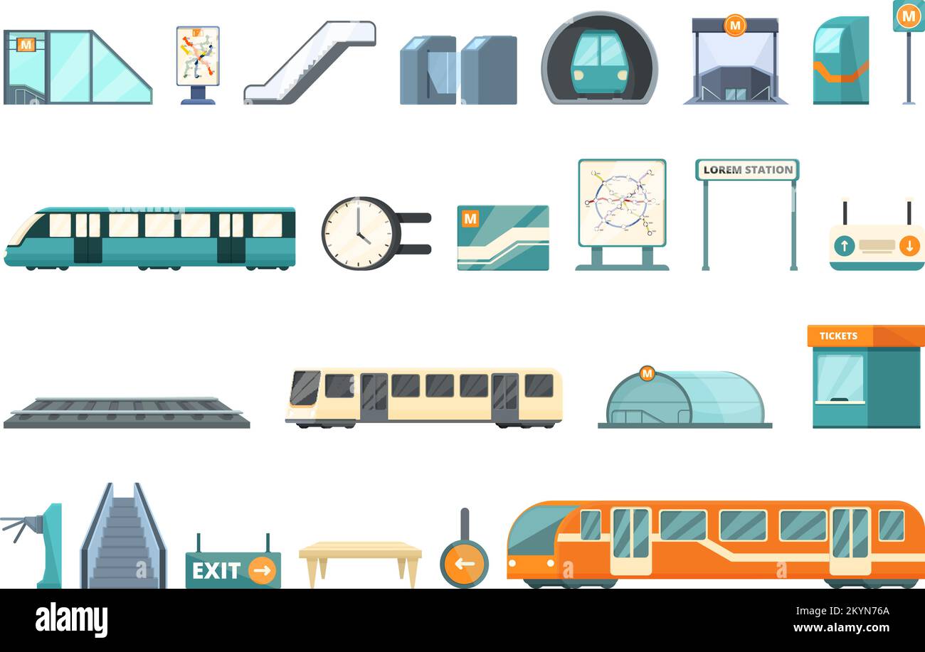 Subway station icons set cartoon vector. Train hub. Travel people Stock ...