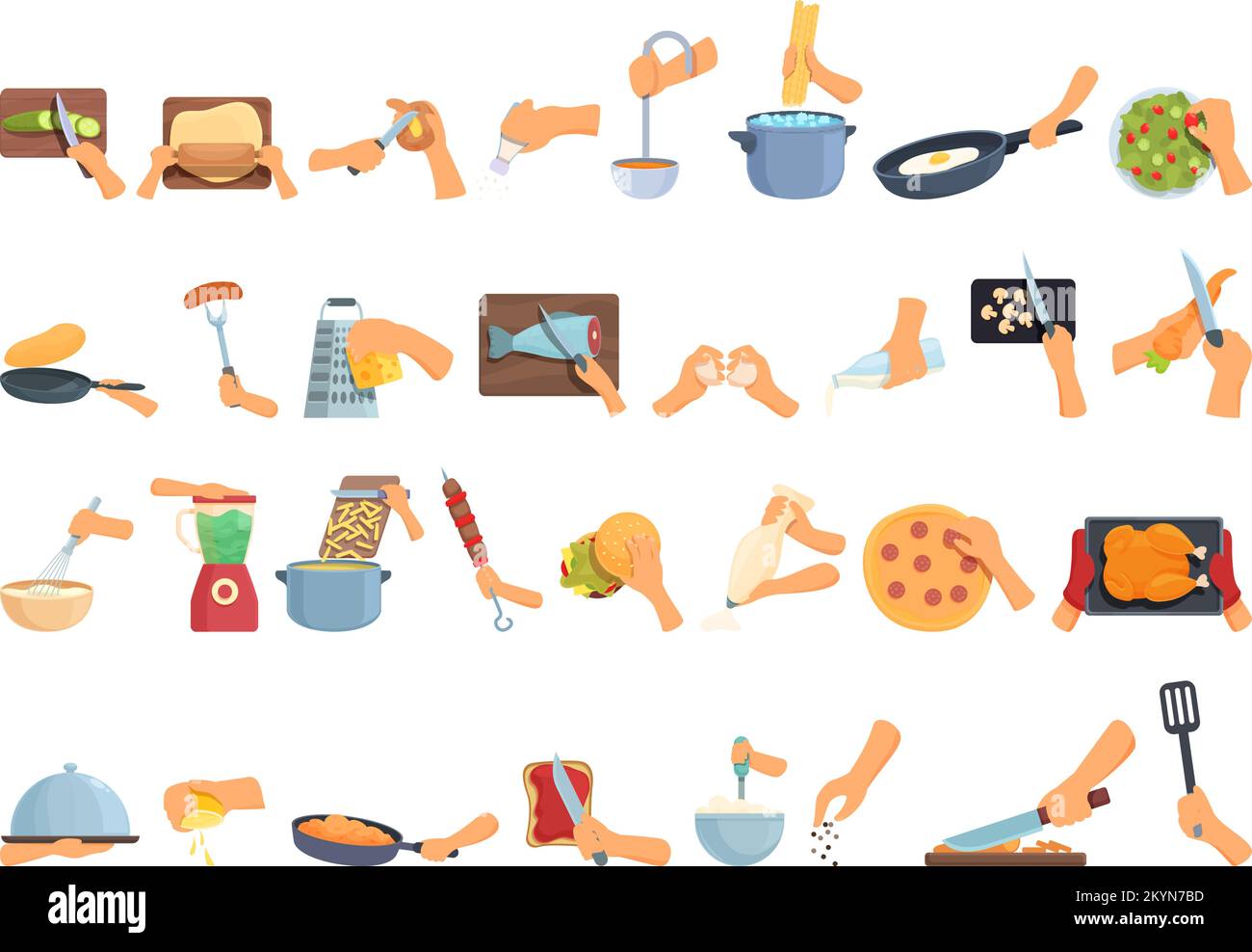 Preparation food icons set cartoon vector. Cook hands. Prepare cut ...